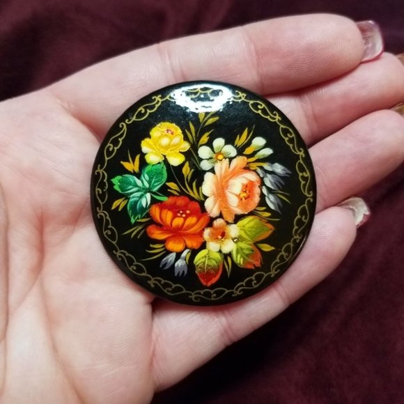 Vintage | Jewelry | Vintage Russian Hand Painted Lacquer Flower Brooch ...